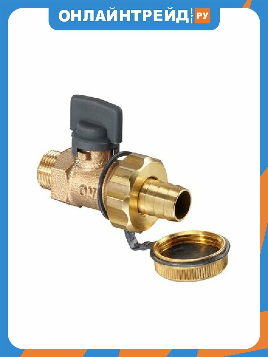 Кран шаровой Oventrop KFE, c наружной резьбой, DN10, 3/8"AG, PN16, маховик с ограничителем, со штуцером для шланга и колпачком, бронза