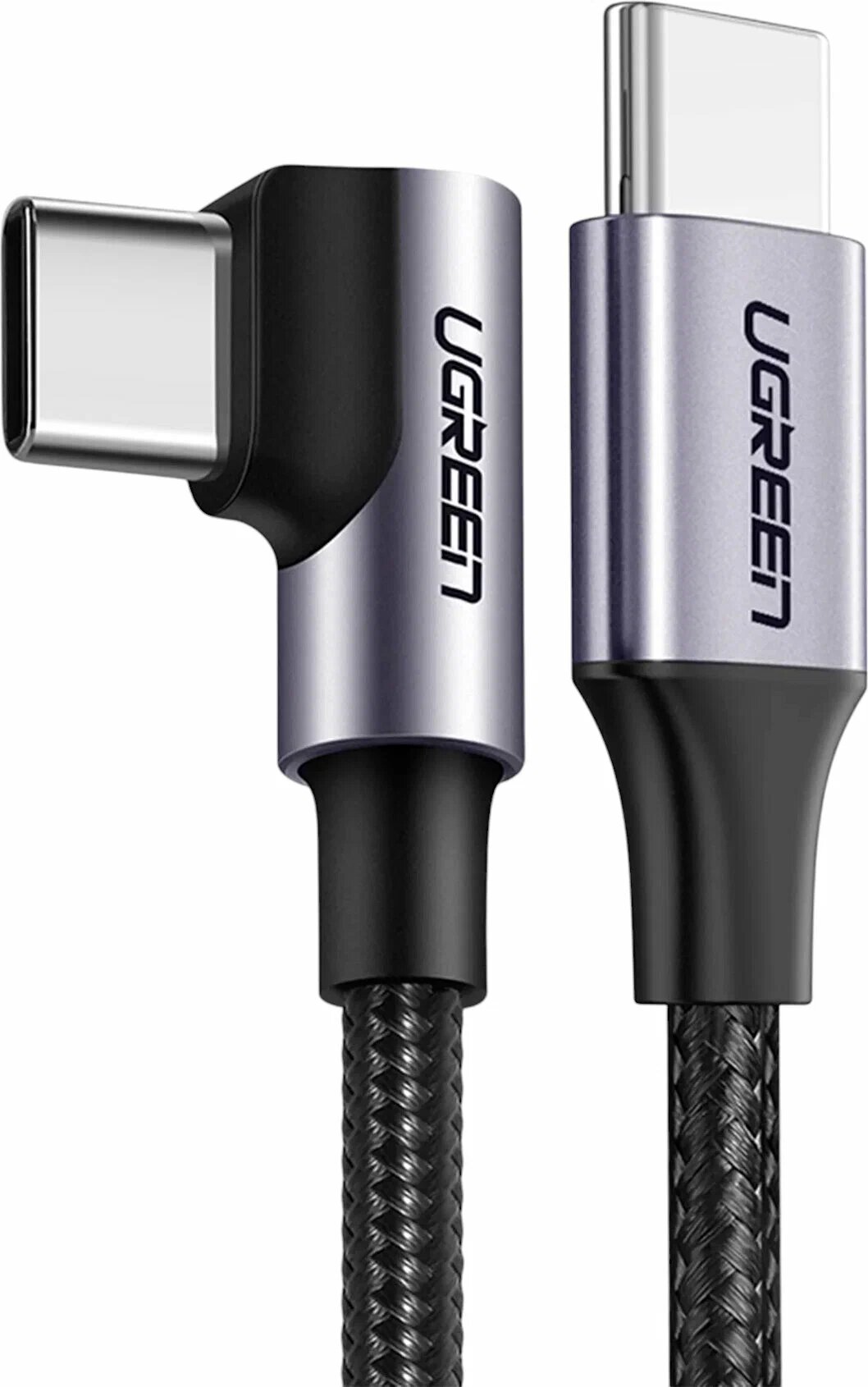 Кабель угловой UGREEN US255 (50125) USB-C 2.0 Male to Angled 90 USB-C 2.0 Male 3A Data Cable. 2 м. серо-черный