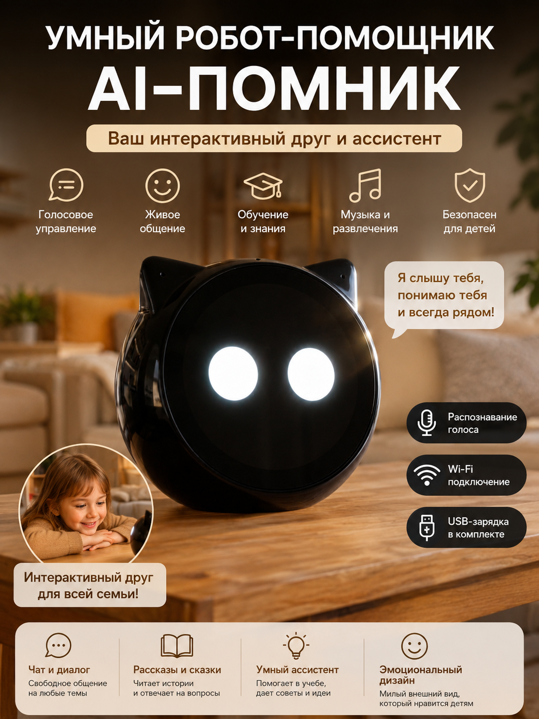 Мур-ИИ Pro Умный ИИ-питомец с душой, голосовое управление, умный диалог, музыка и сказки, для детей и семьи