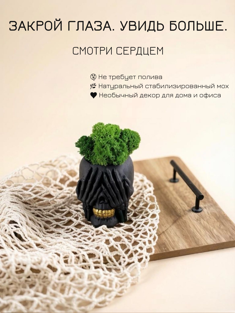 Череп *Не вижу зла* с мхом