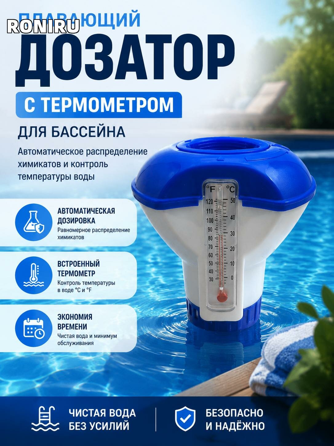 Плавающий дозатор с термометром для бассейна — автоматическое распределение химикатов и контроль температуры воды