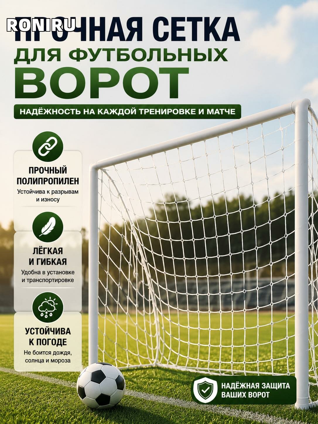 Прочная сетка для футбольных ворот из полипропилена — легкая и гибкая для тренировок и матчей, устойчивая к погоде