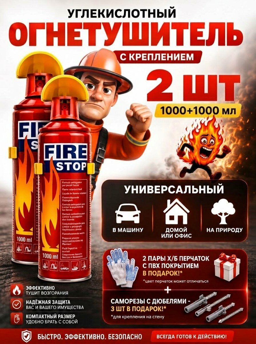 Аварийный дорожный набор автомобилиста ГОСТ 2026 г для прохождения ТО. Огнетушитель автомобильный воздушно-пенный универсальный для дома 1 л - 2 штуки