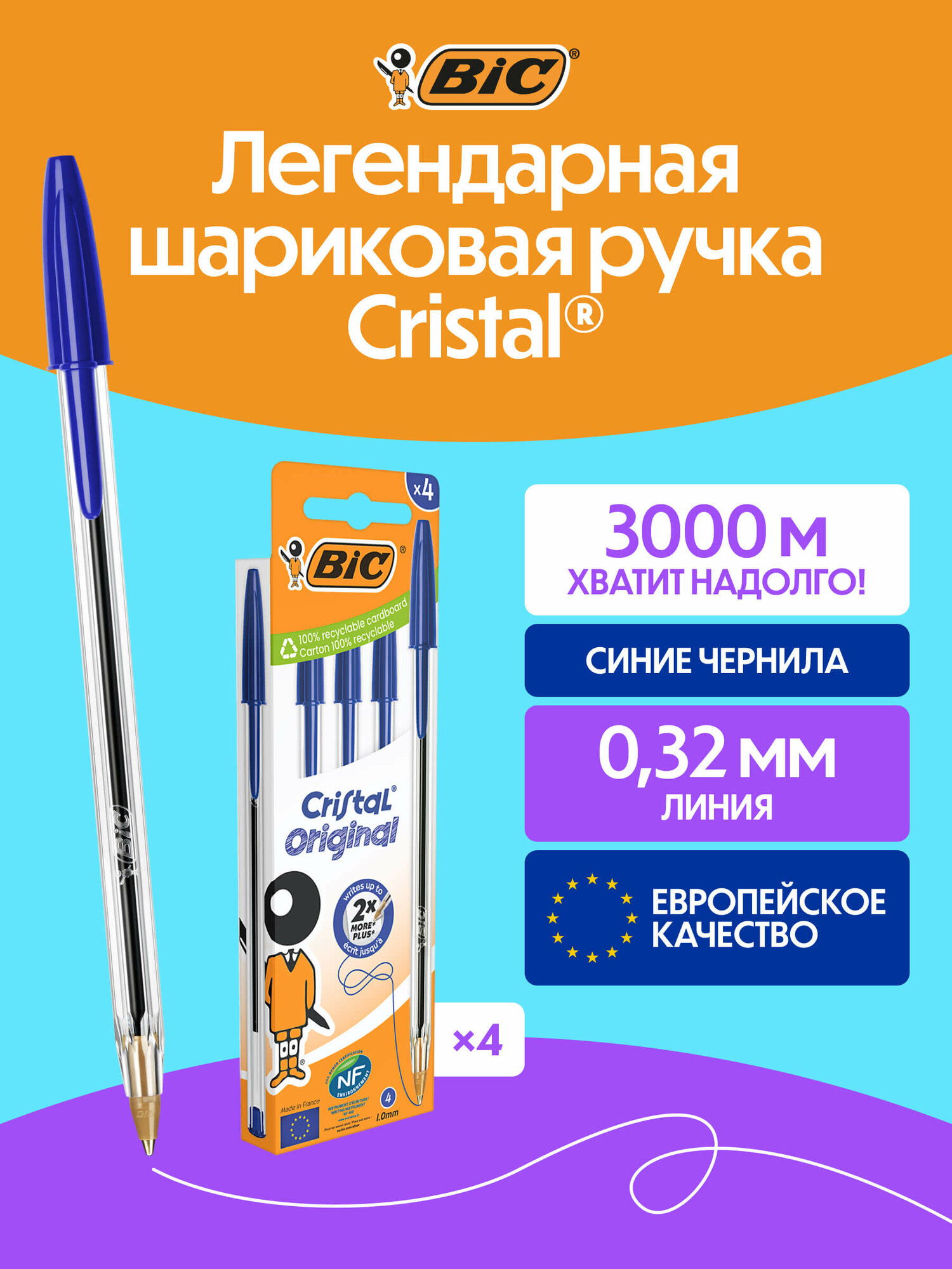 Шариковая ручка BIC CRISTAL синяя, тонкое письмо, 4 шт в упаковке