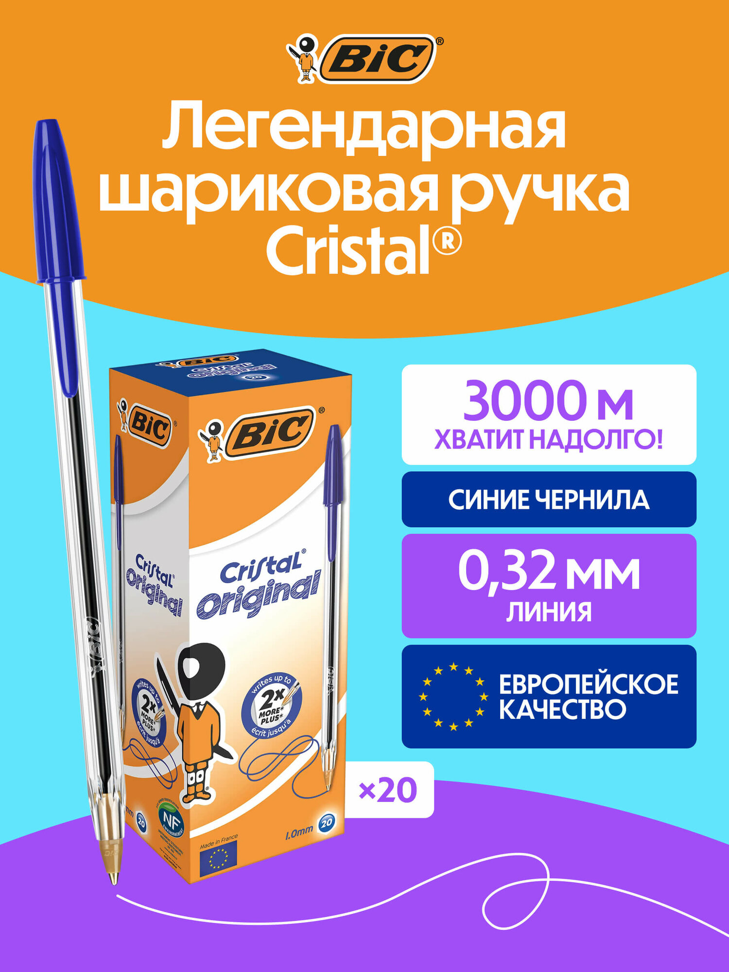Шариковая ручка BIC CRISTAL оригинальная синяя, упаковка 20 ручек