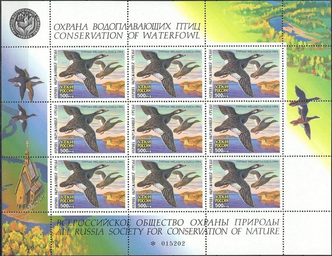 1994-год Лист (9 м 3х3) Россия 500руб х9 Всероссийское общество охраны природы Утки III O