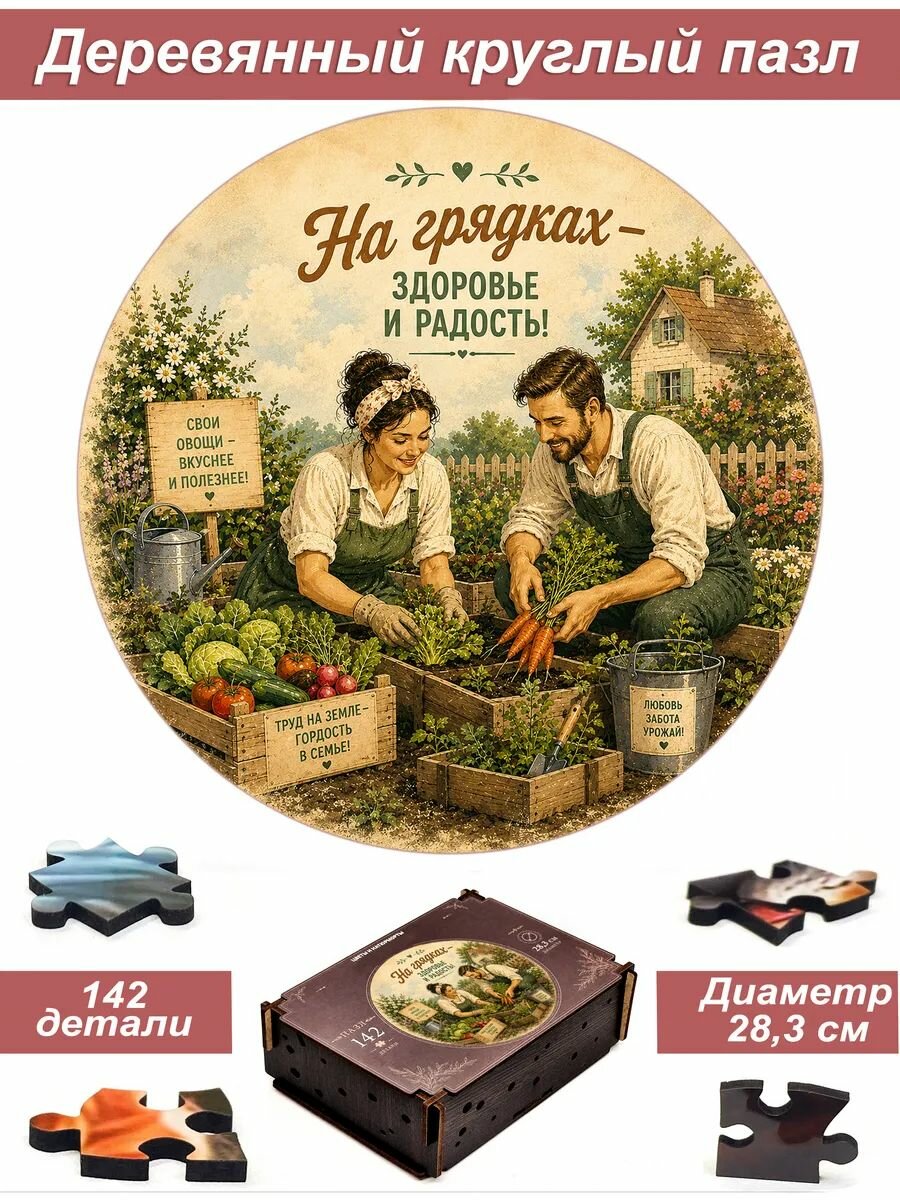 Пазл Алма деревянный круглый 142 детали, элемента. Винтажная коллекция. Вместе на грядках