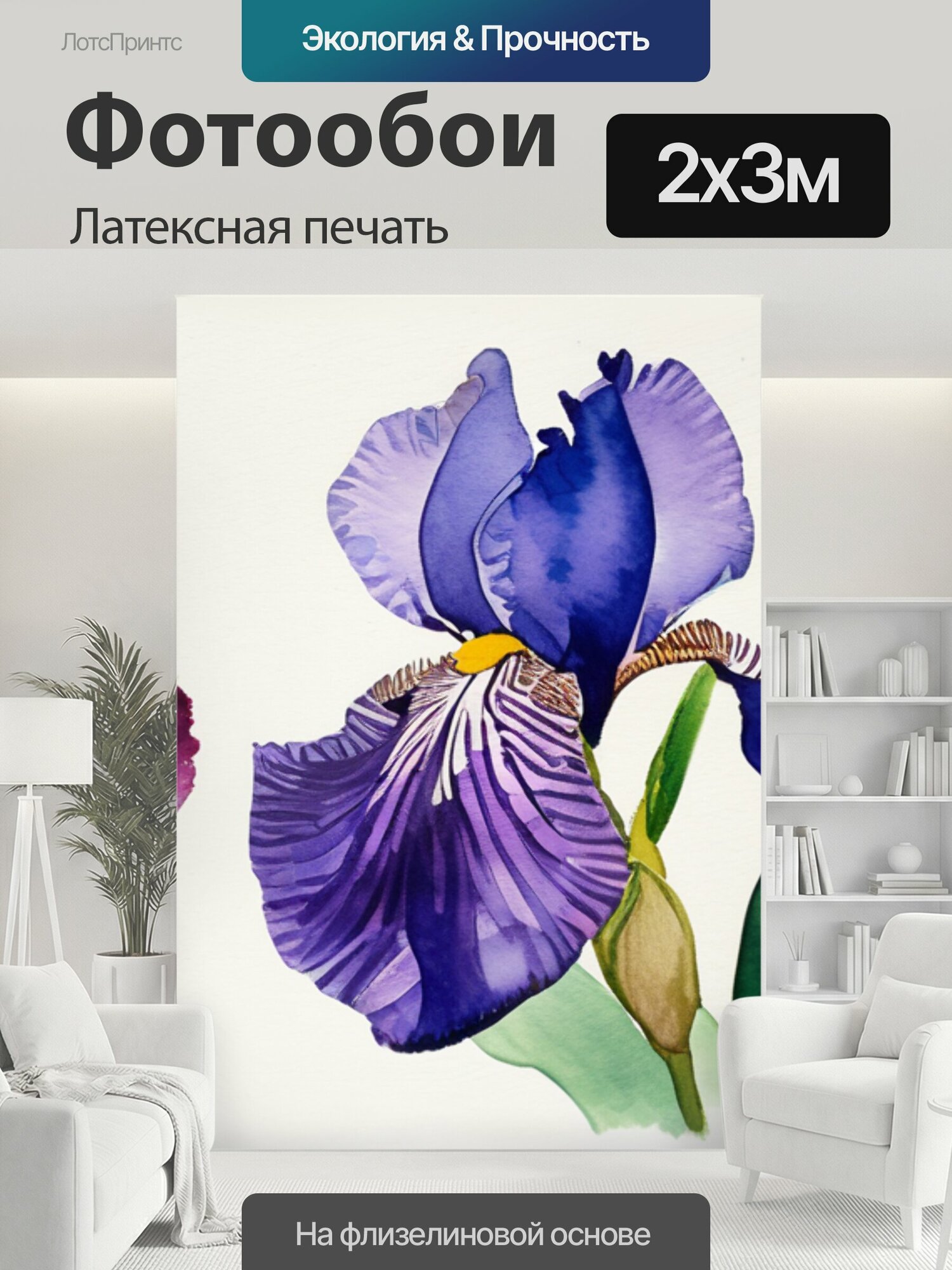 Фотообои моющиеся ударопрочные "Акварель ирис в стиле акварель" 200x300 см. латексная печать