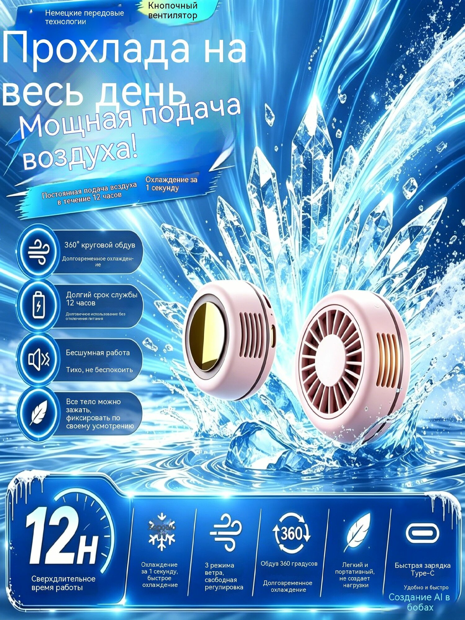 Мини вентилятор на шею и пояс Вентилятор мини на шею Новинка 2026, мини-вентилятор с поворотом на 360