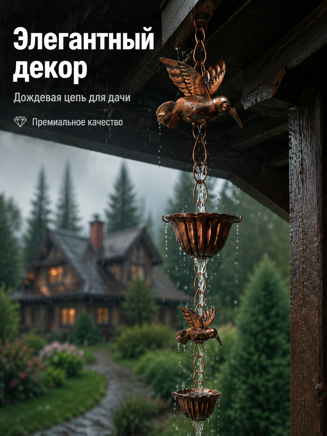 Декоративная дождевая цепь «Колибри» медная, металл, для сада и парка
