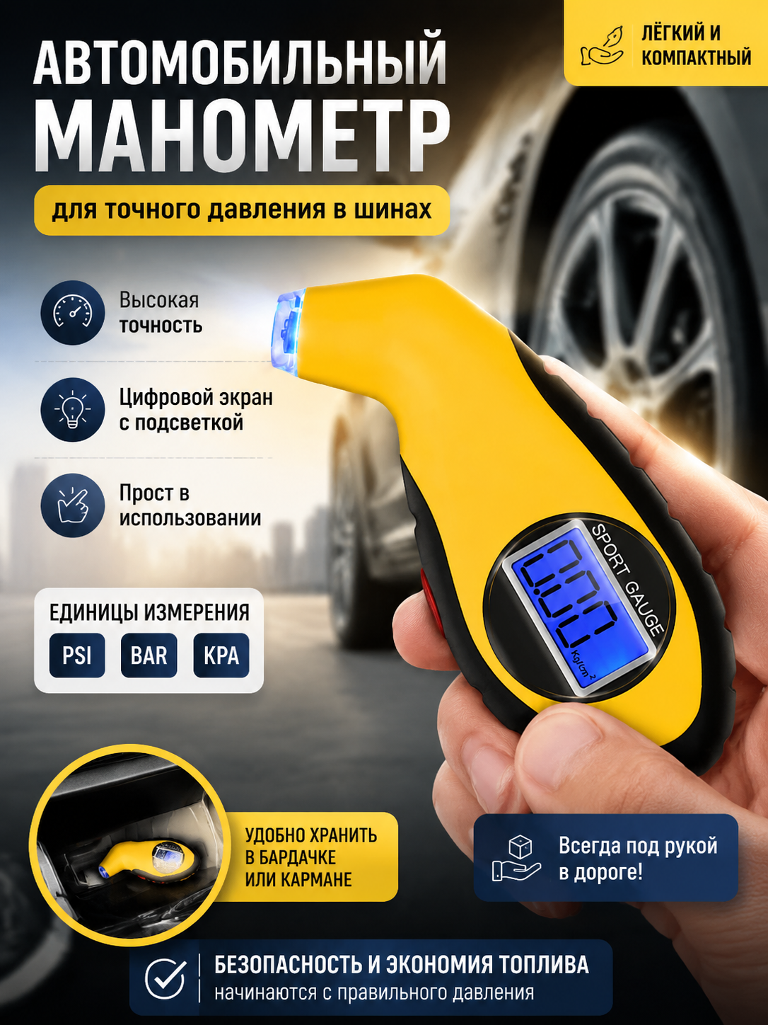 Автомобильный манометр, цифровой, пьезоэлектрический, желтый