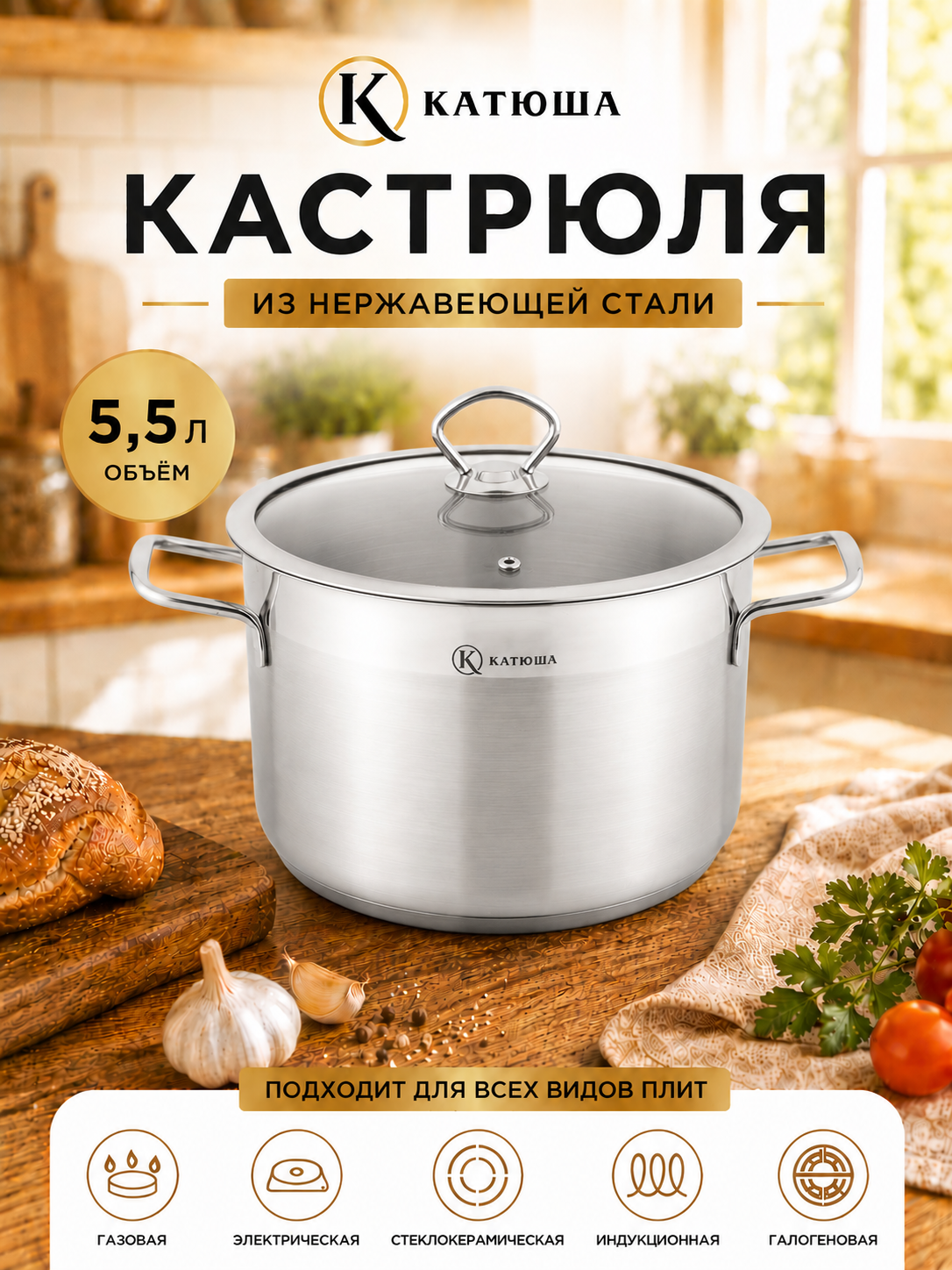 Кастрюля нержавеющая сталь София, 5.5 л, 22х15 см, стеклянная крышка, катюша