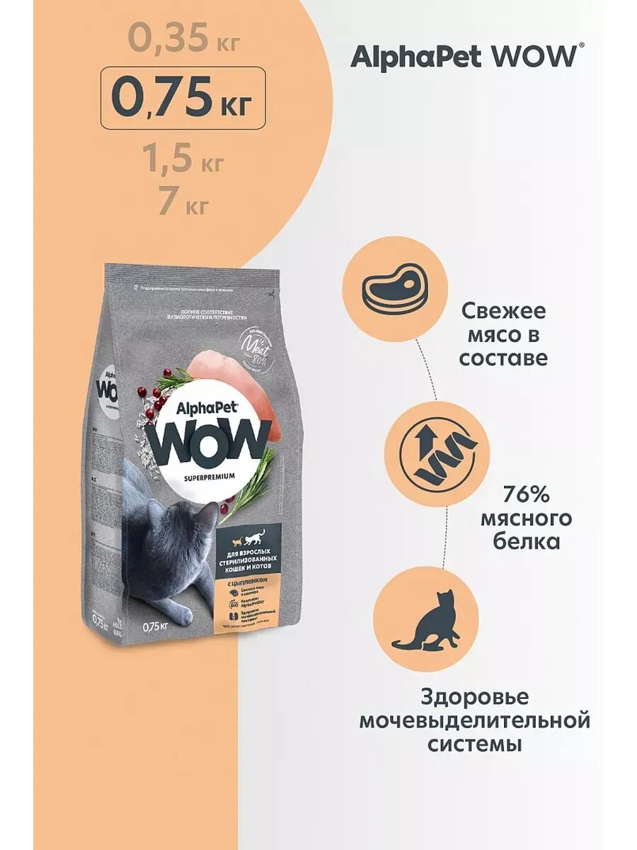 AlphaPet корм для стерилизованных кошек с цыплёнком 0,75кг
