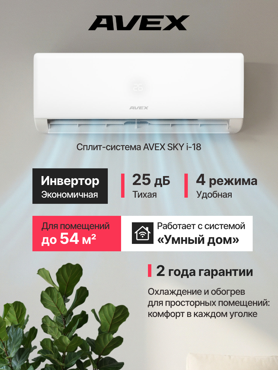 Инверторная сплит-система AVEX SKY i-18, кондиционер для дома настенный, зима/лето, для помещений до 54 м², цвет белый