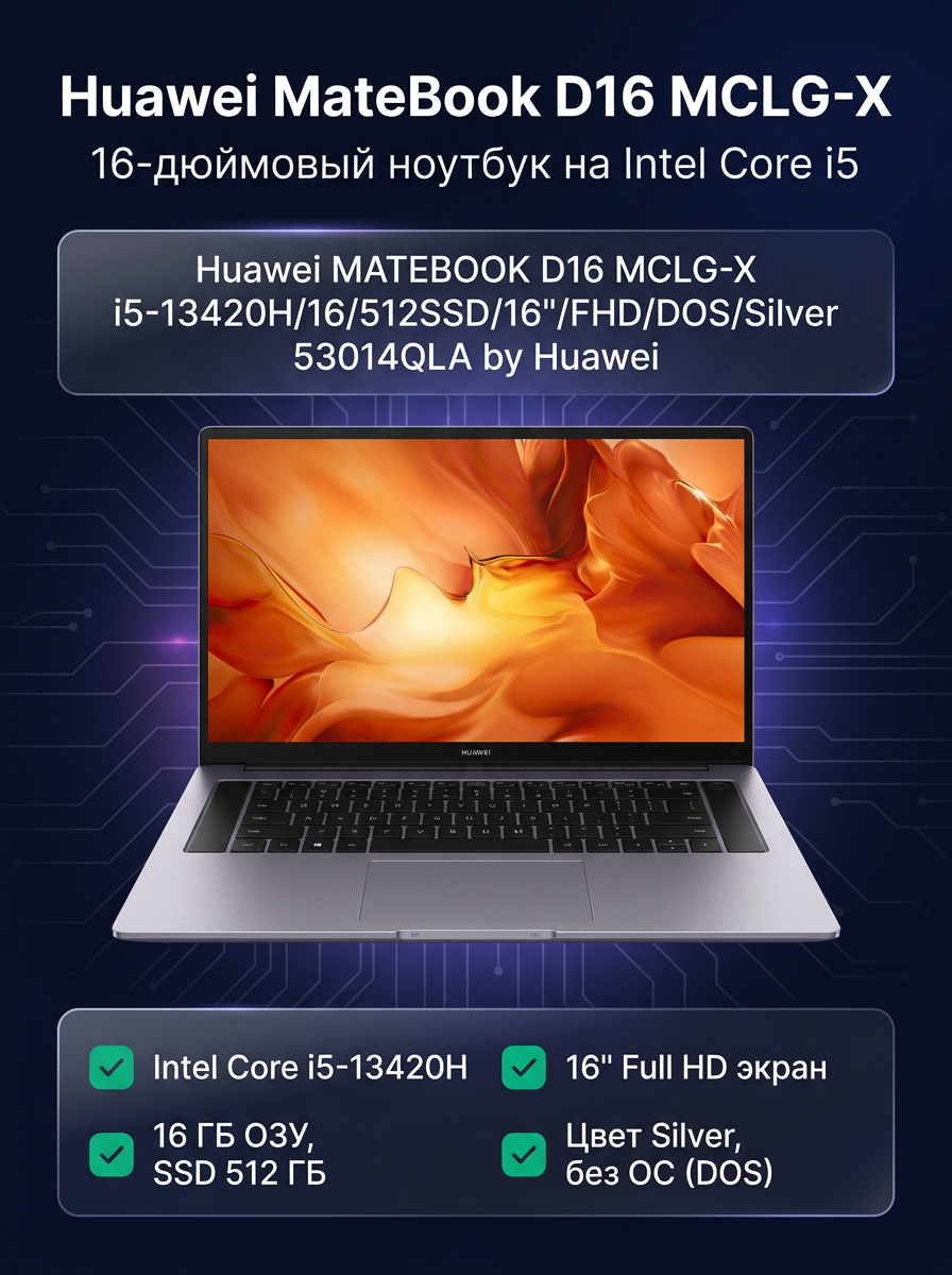 Ноутбук Huawei MateBook D16 MCLG-X, Intel Core i5-13420H, 16 ГБ ОЗУ, 512 ГБ SSD, 16" FHD, без ОС, серебристый