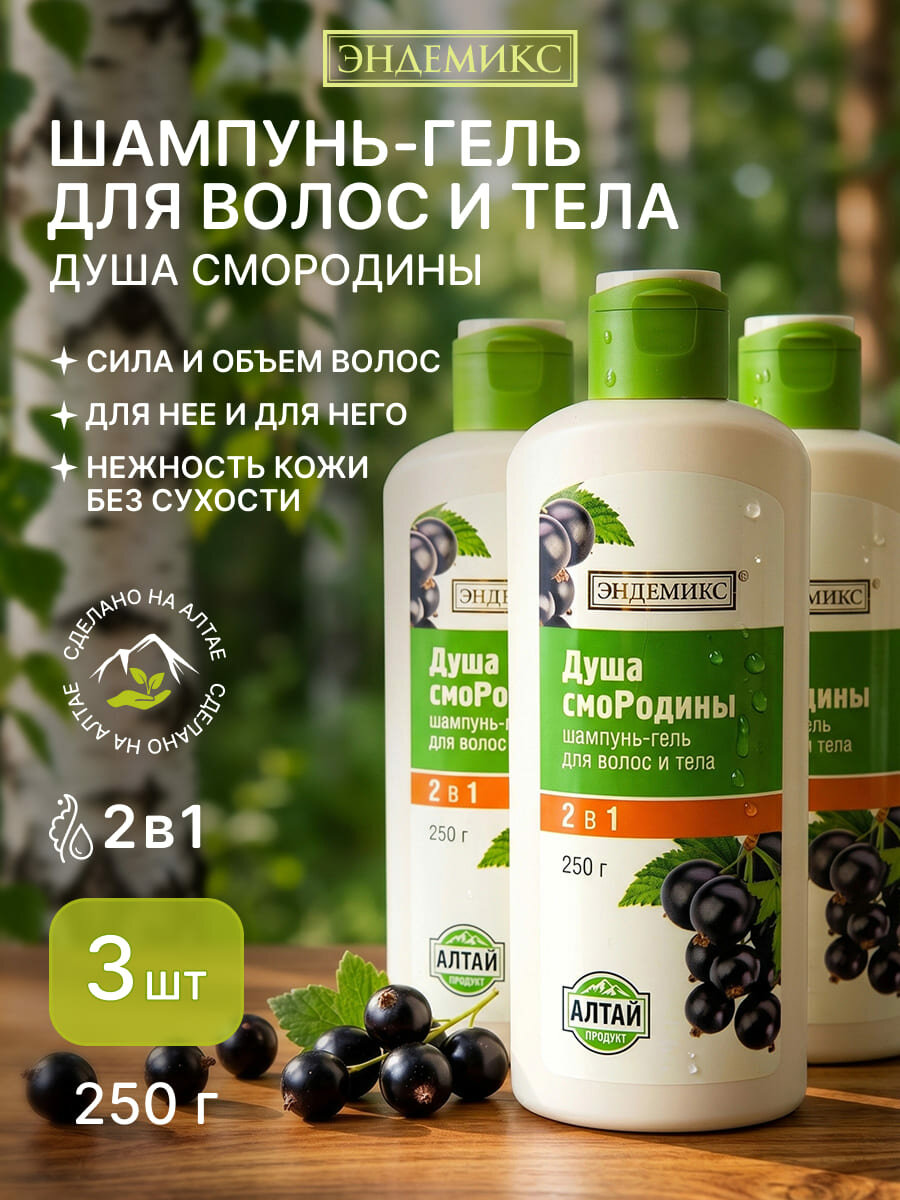 Шампунь гель для волос и тела «Душа смородины» с пантенолом, для душа и ванны, два в одном, 3шт.