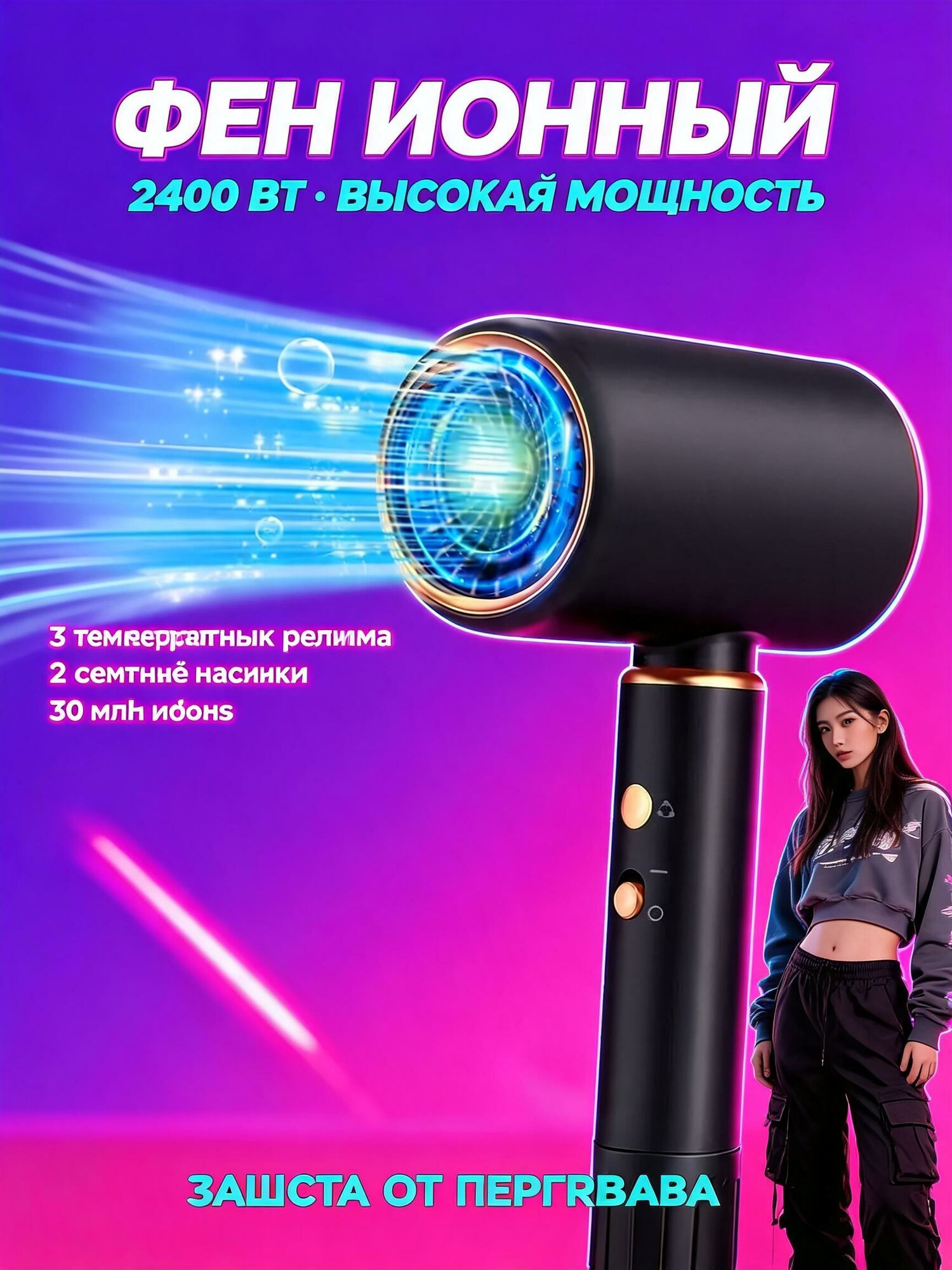 Фен для волос ионный 2400 Вт, профессиональная сушка с 30 млн ионов, 2 насадки для прямых и вьющихся волос