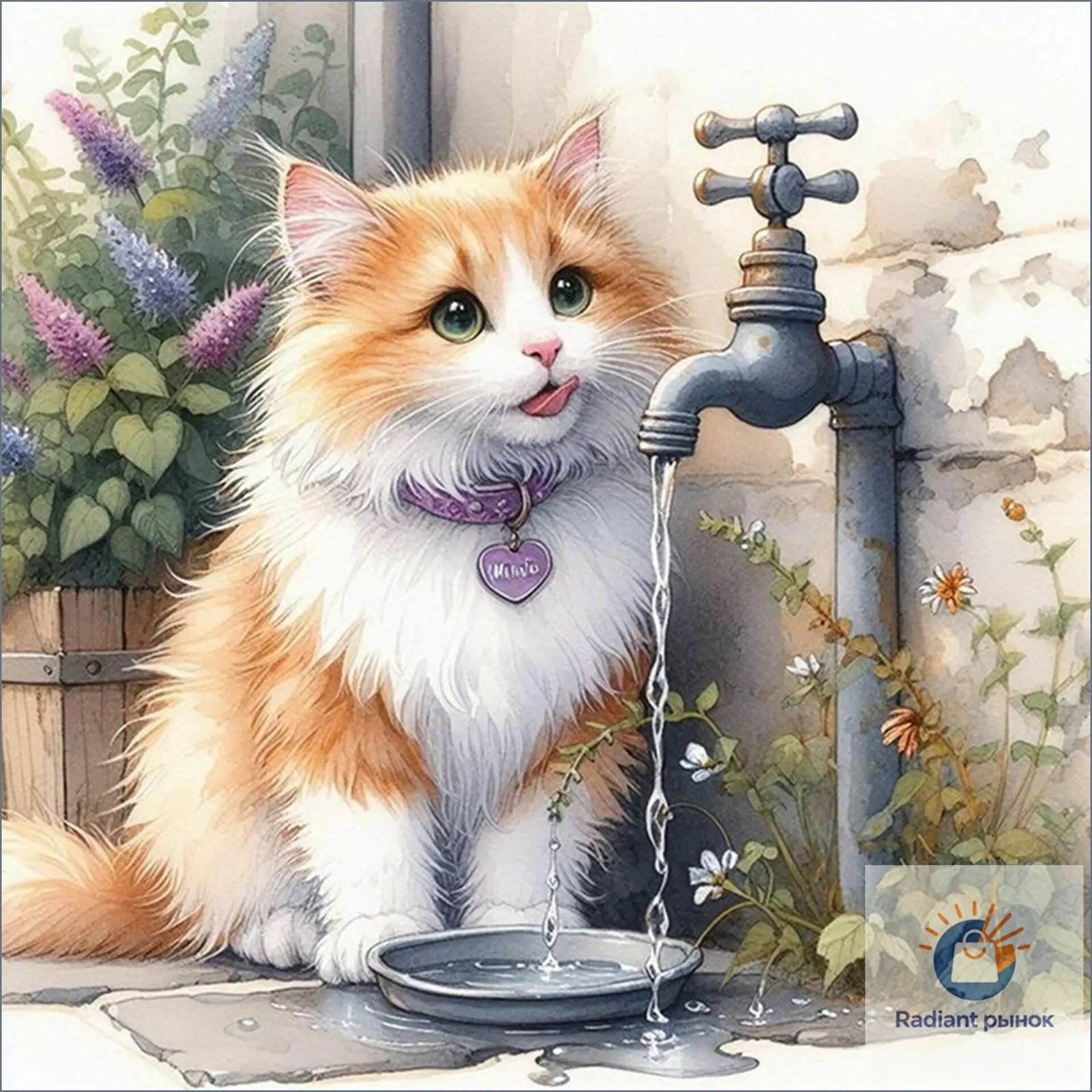Вышитая картина кот пьёт воду 40x40 см набор для вышивания крестом хлопок 11CT