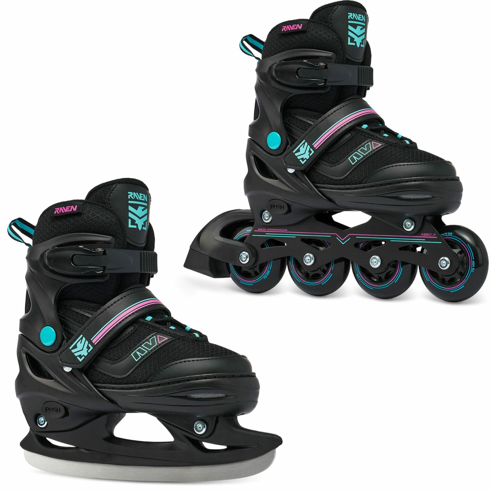 DECATHLON роликовые коньки 2в1 Raven Drill, черный/розовый/зеленый, размер 38/42