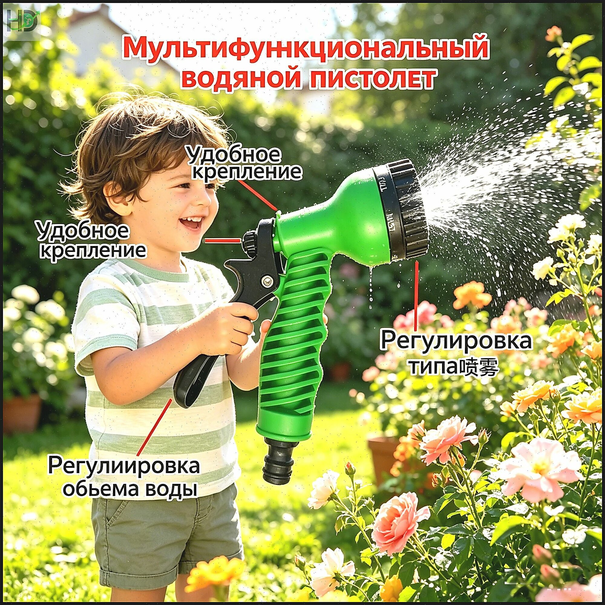 Растягивающийся шланг для полива с многофункциональным распылителем, 3-кратное растяжение, двухслойная конструкция, для сада, дачи и мойки авто