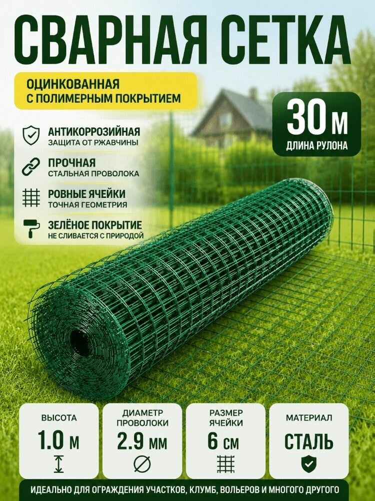 Сварная сетка 30 м оцинкованная с полимерным покрытием, 2.9 мм, ячейка 6 см