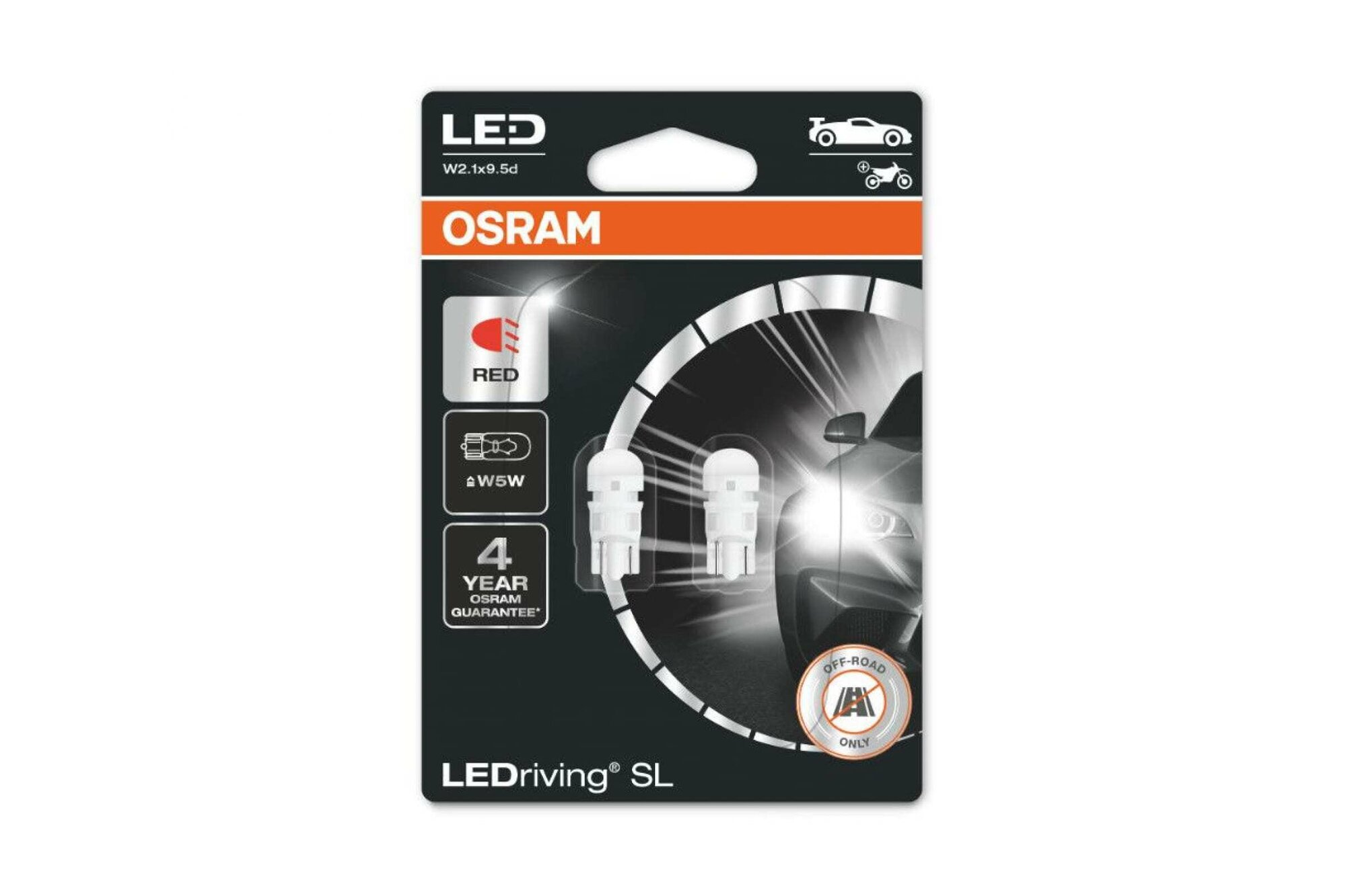 Лампа автомобильная OSRAM W5W, W2.1x9.5d, LED, 2 шт, RED, 12 В 2825DRP-02B