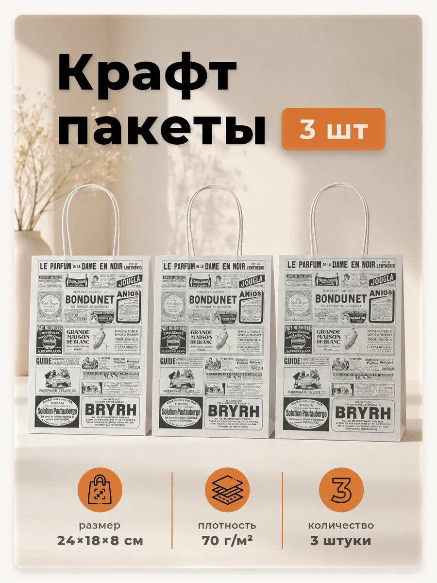 Пакеты подарочные для упаковки подарка мужчине и женщине "Газета №2", 3 шт, 24 х 18 х 8 см