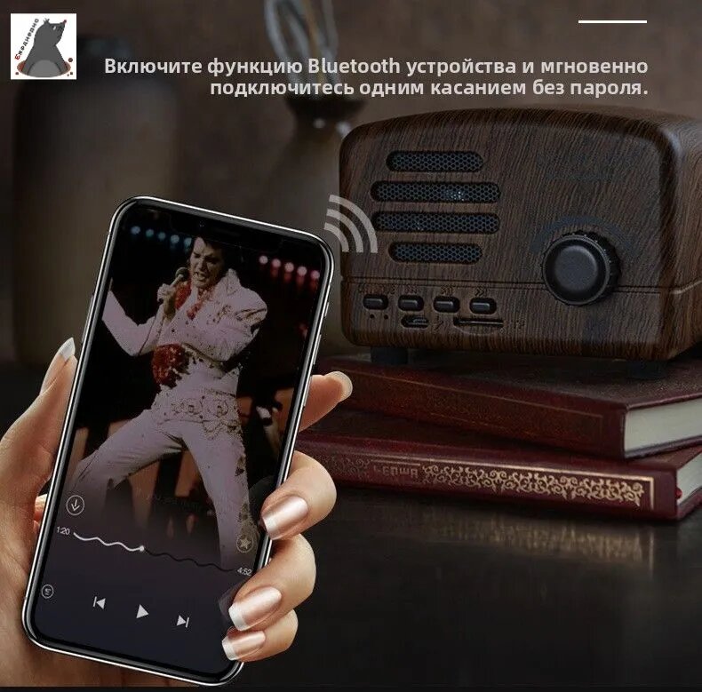 Ретро Bluetooth-колонка: Мини, Беспроводная, Мощный Басс, Беспроводная Зарядка для Телефона, 1200 мАч, TF, FM, 11x9x7 см