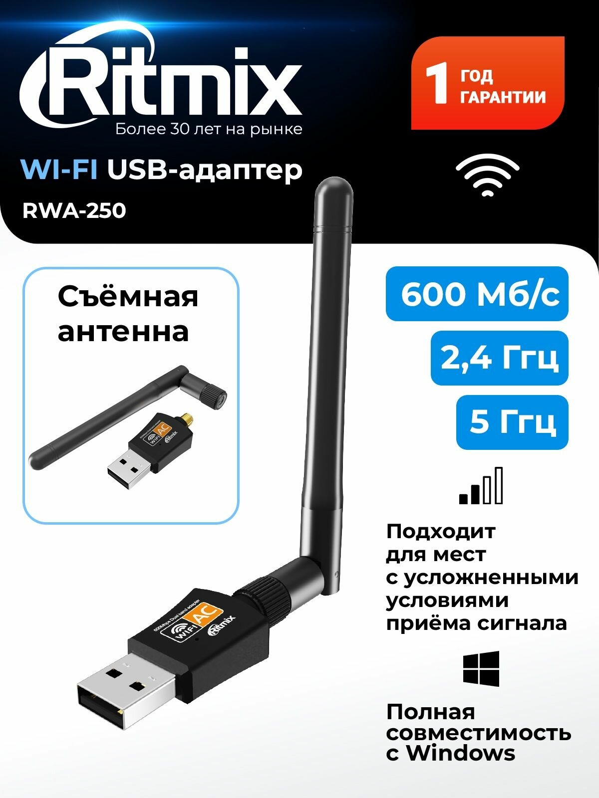 Wifi адаптер для пк usb ноутбук интернет RITMIX RWA-250