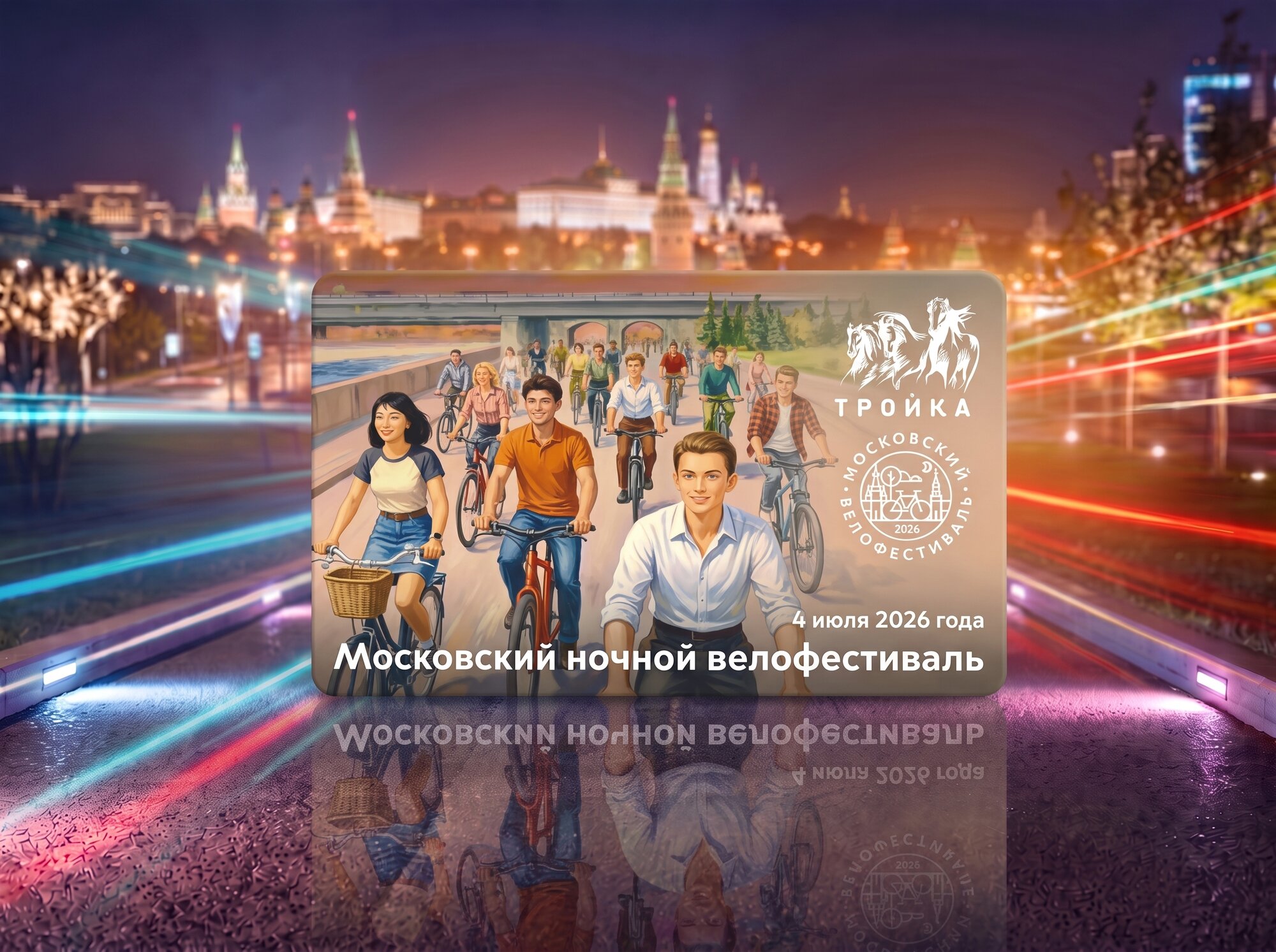 Коллекционная транспортная карта Тройка - Московский ночной велофестиваль 2026. Велосипедисты, 2026, пластик