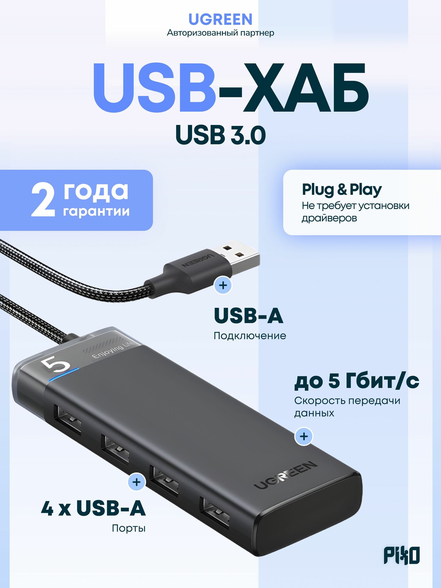 Хаб UGREEN CM653 (15548) 4-Port USB-A Hub. черный