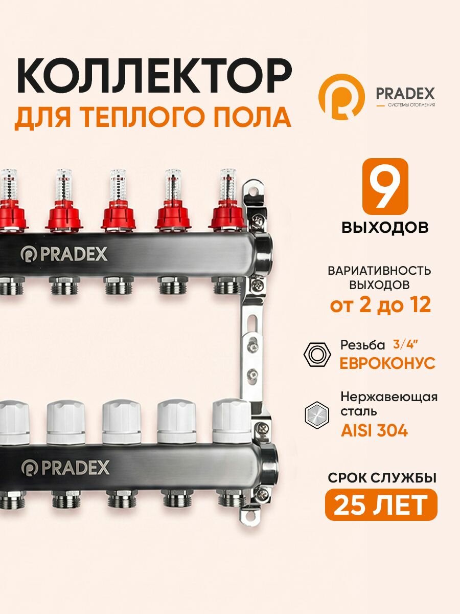 Коллекторный блок PRADEX (коллектор) из нержавеющей стали для теплого пола 1" х 9 выходов 3/4" с регулирующими клапанами и расходомерами.