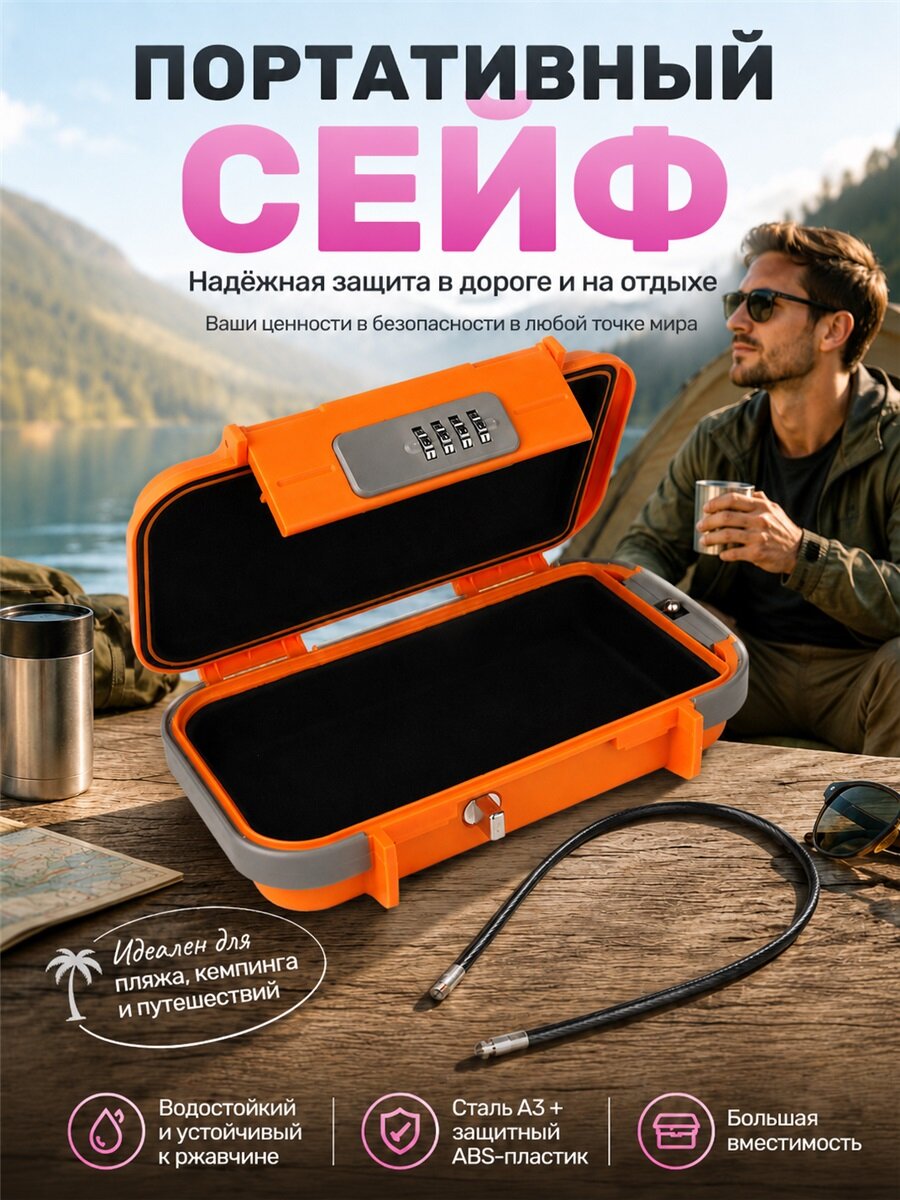 Сейф портативный водостойкий из ABS-пластика с кодовым замком и тросом, для безопасного хранения ценностей в поездках и кемпинге