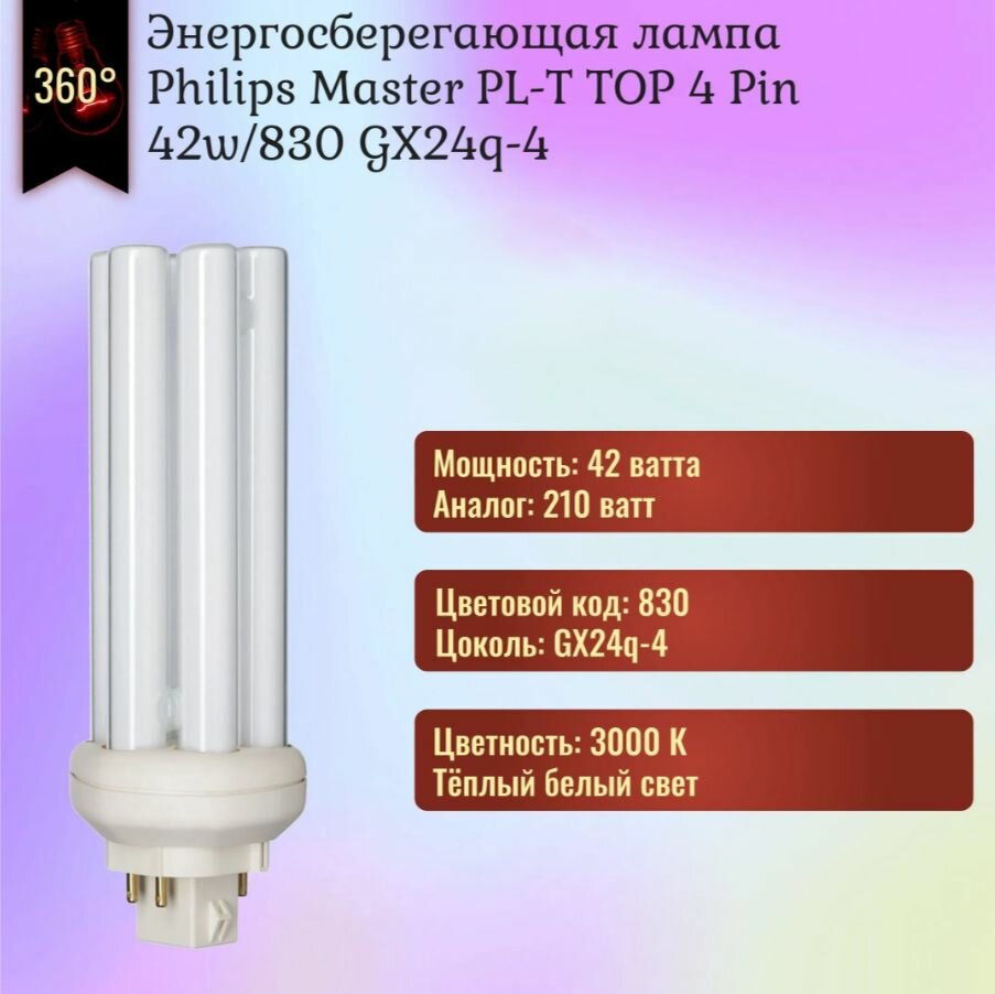 Лампочка Philips Master PL-T Top Pro 4P 42w/830 GX24q-4 энергосберегающая, теплый белый свет