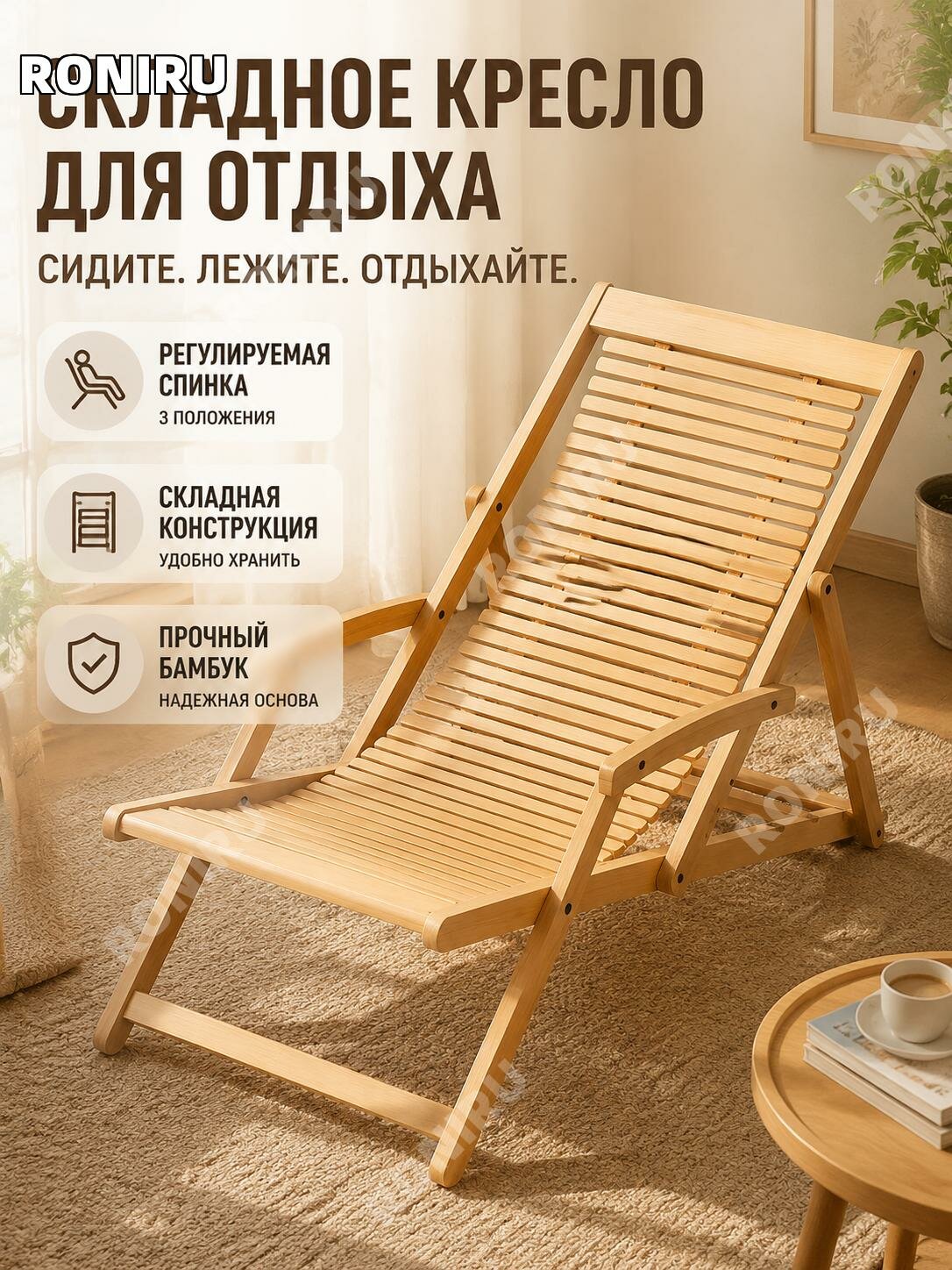 Раскладное кресло-лежак из бамбука с хлопковым матом, натуральный цвет