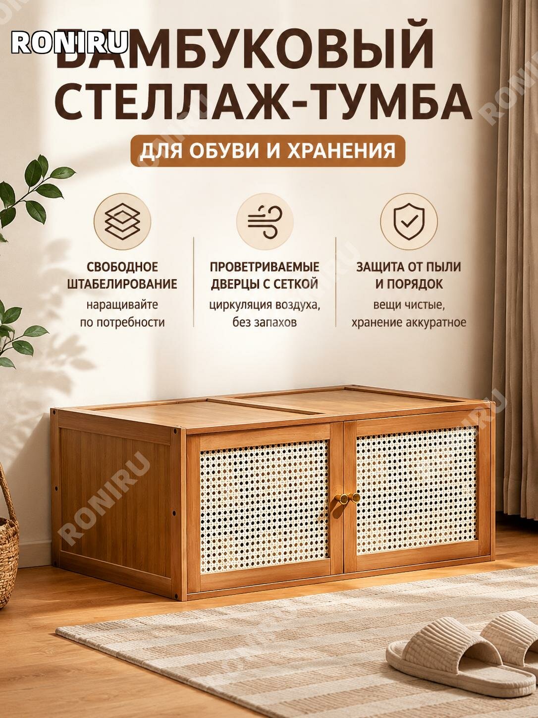 Бамбуковый шкаф для хранения с сетчатой дверцей, чайный цвет,80 см,1 ярус