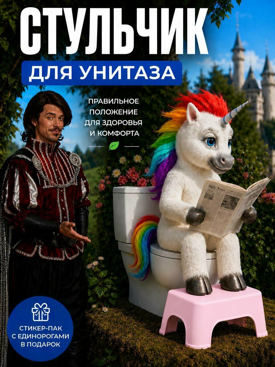 Squatty Potty (Сквоти Поти) подставка для ног в туалет + стикерпак с единорогами в подарок, цвет розовый
