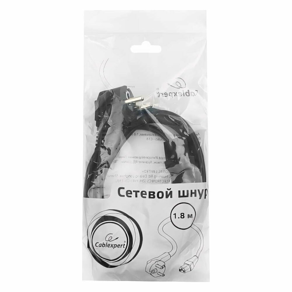 Кабель питания Cablexpert, 1.8 м, Schuko- C13, 3x1 кв. мм, черный, с заземлением, пакет, PC-186-1-1.8M — фото 1