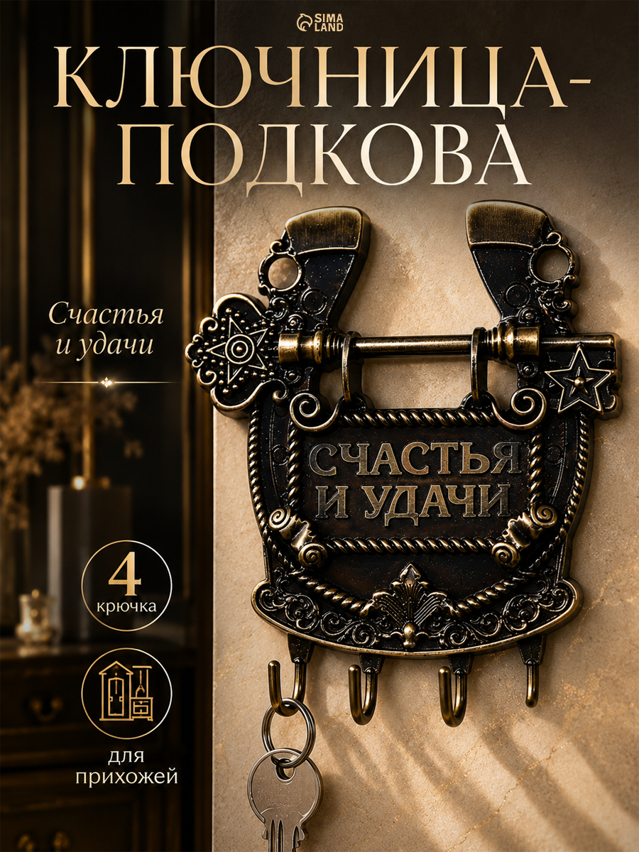 Ключница "Счастья и удачи", 11 х 12,5 см, настенная, подкова, металлическая