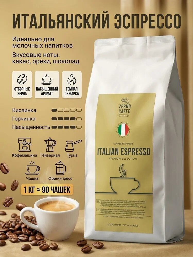 Zerno Caffe Кофе в зернах Итальянский Эспрессо, арабика 75% робуста 25%, темная обжарка, 1 кг