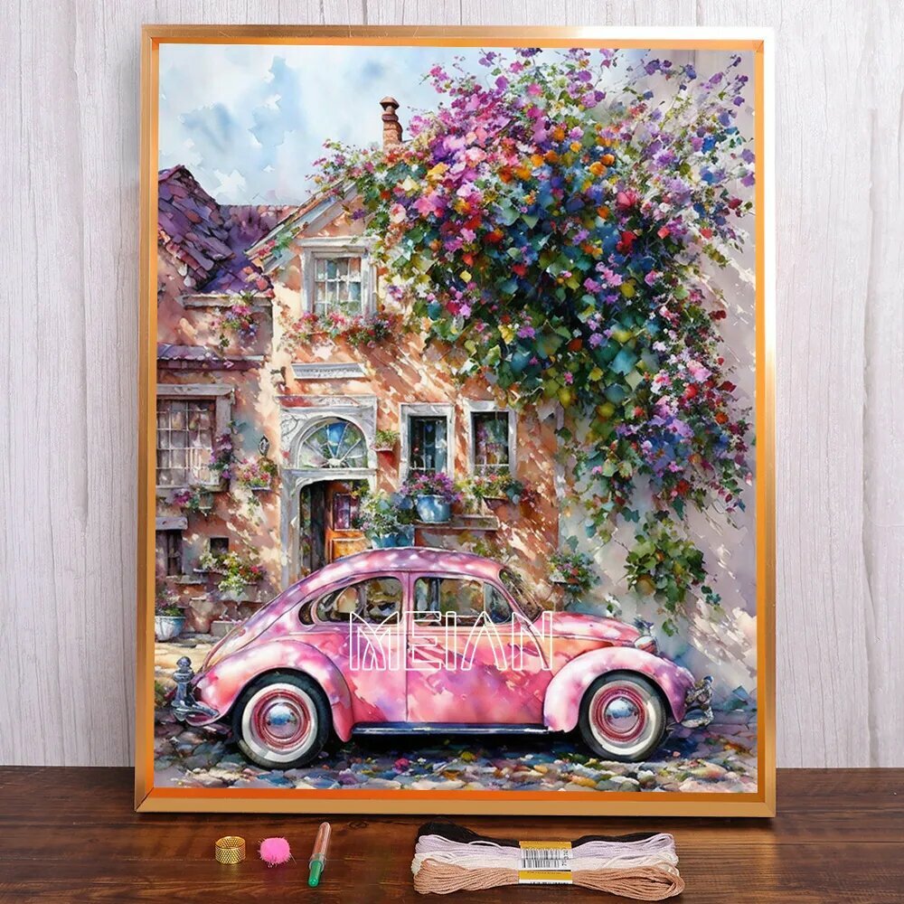 MEIAN Набор для вышивания,40x50CM,14CT, Машина под цветами