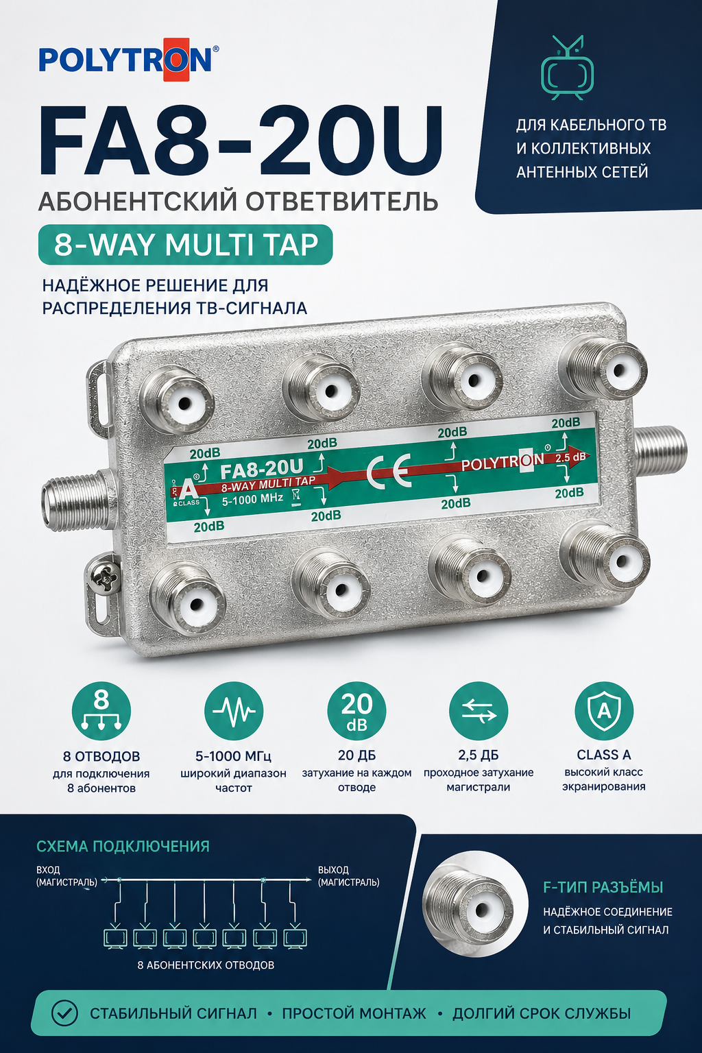 Абонентский ответвитель Polytron FA8-20U 8-Way Multi Tap 5–1000 МГц