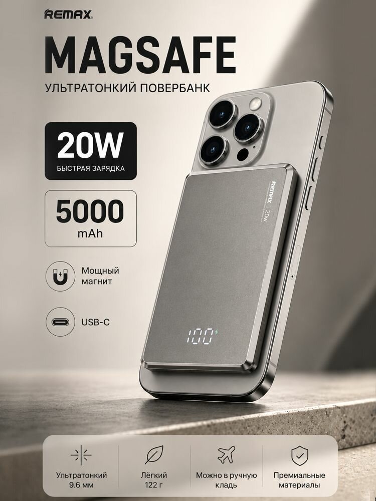 Повербанк для айфона MagSafe тонкий 5000 mAh, Remax RPP-107, внешний аккумулятор, беспроводная магнитная зарядка 20W, Power Bank для смартфонов с USB-C