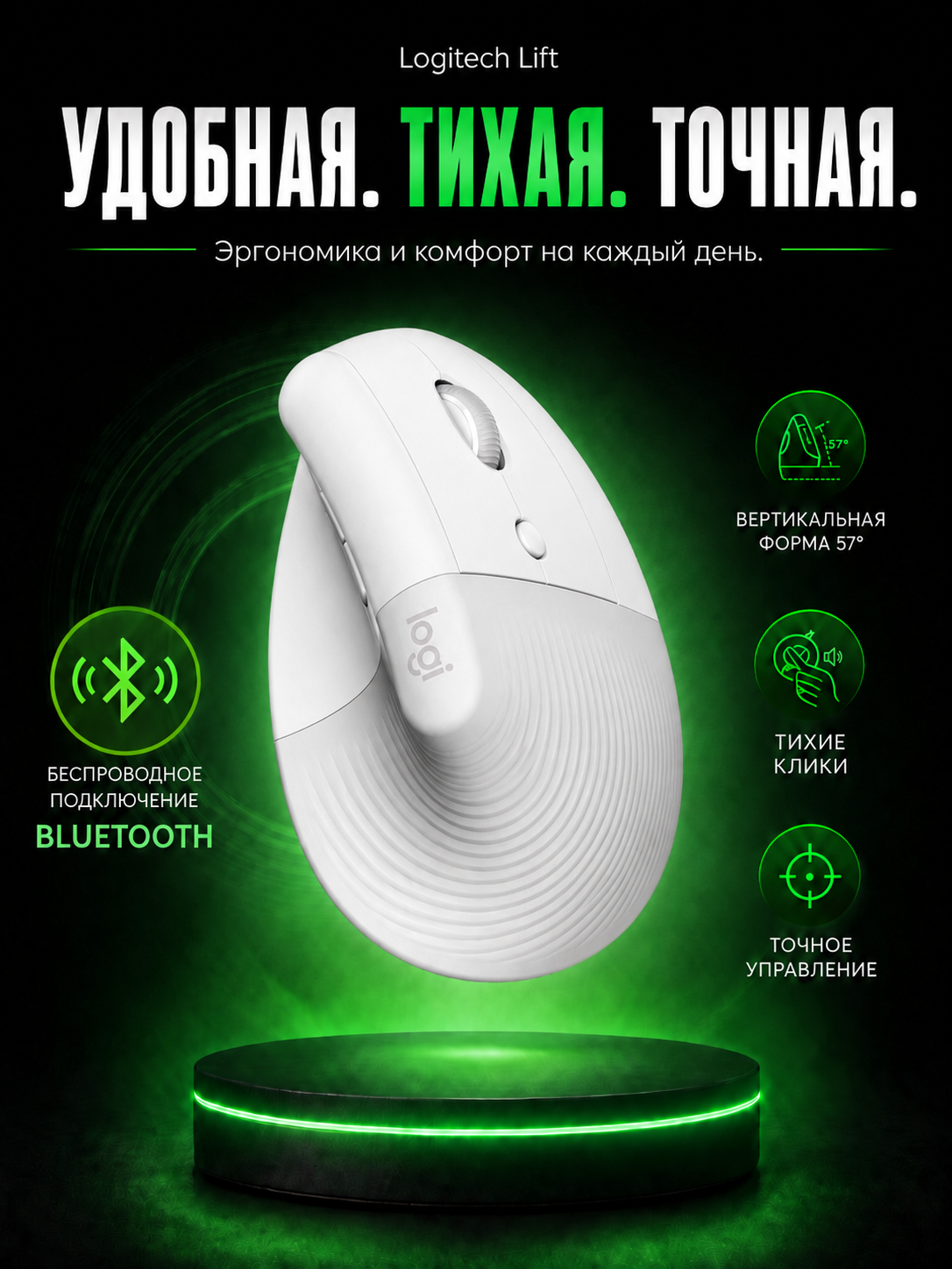 Беспроводная мышь Logitech Lift С батареей и разрешением 4000 DPI，Белый