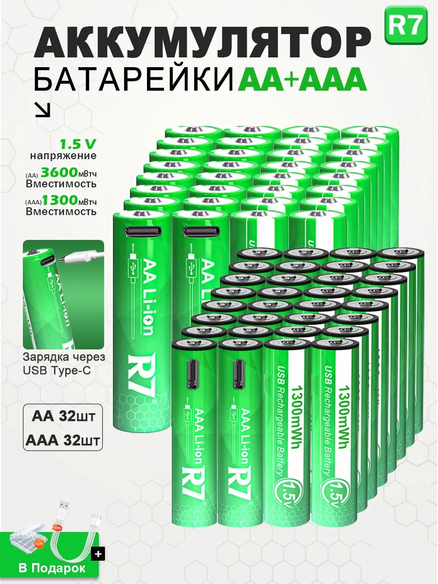 Аккумуляторы 1.5V AA и AAA Li-ion с USB Type-C для игрушек и пультов, перезаряжаемые батарейки