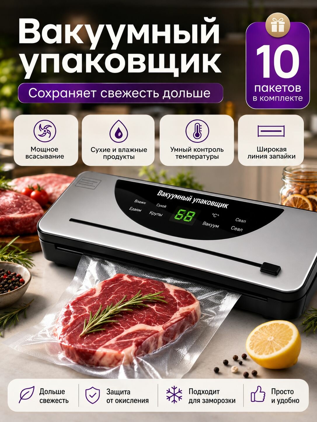 Вакууматор для продуктов мощный с резаком и пакетами, вакуумный упаковщик, бытовой vacuum sealer