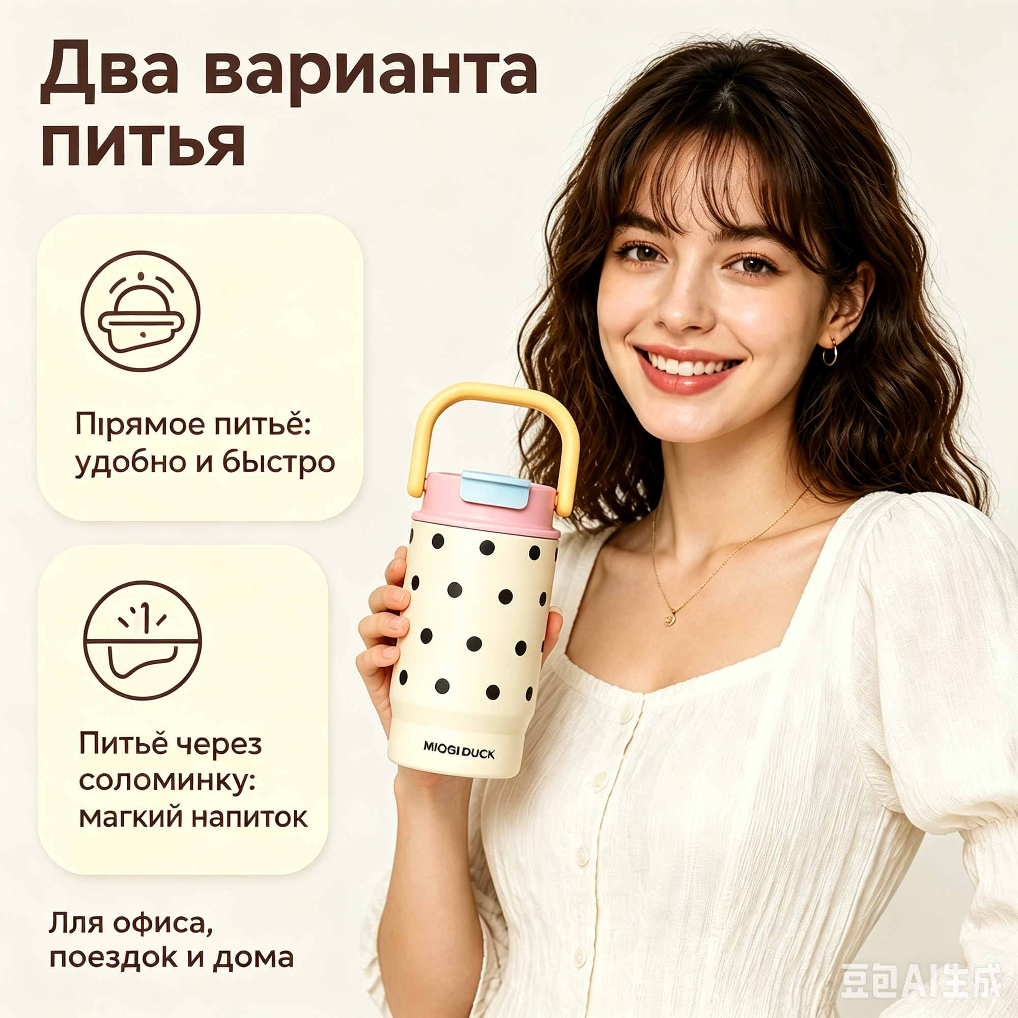 Портативная термокружка‑стакан с ручкой, двойная крышка (соломинка + прямое отверстие), дизайн в горошек