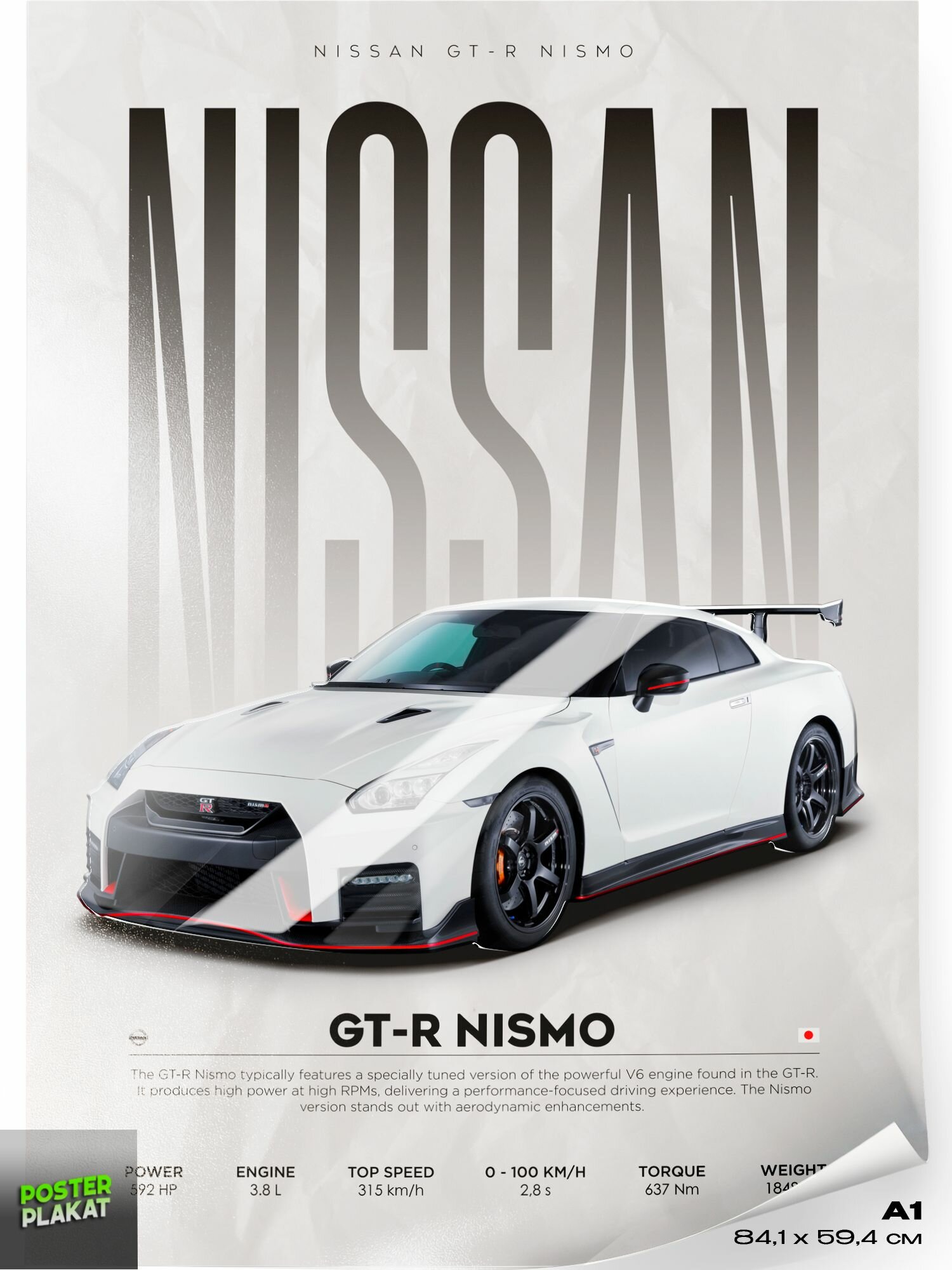 Постер на стену с машинами, Nissan GT-R Nismo, японский авто Ниссан ГТР Нисмо, для интерьера, А1 (85 х 60 см), Постер Плакат