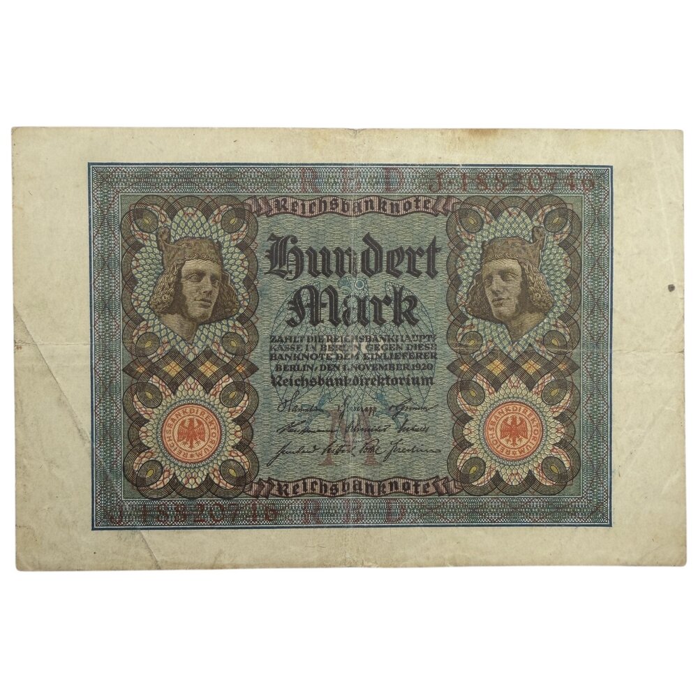 Веймарская республика (Германия) 100 марок 1920 г. (Литера M) (Серия J) (8-значный номер)