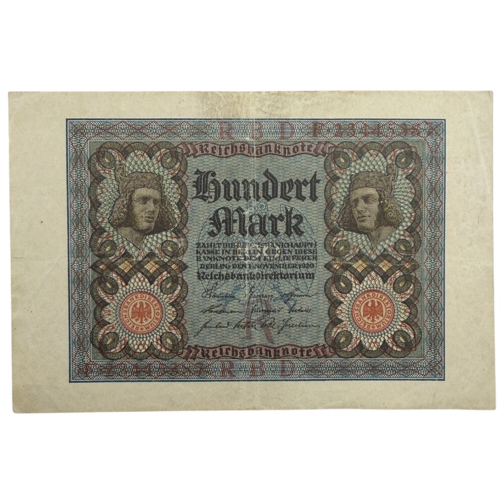 Веймарская республика (Германия) 100 марок 1920 г. (Литера R) (Серия F) (8-значный номер)